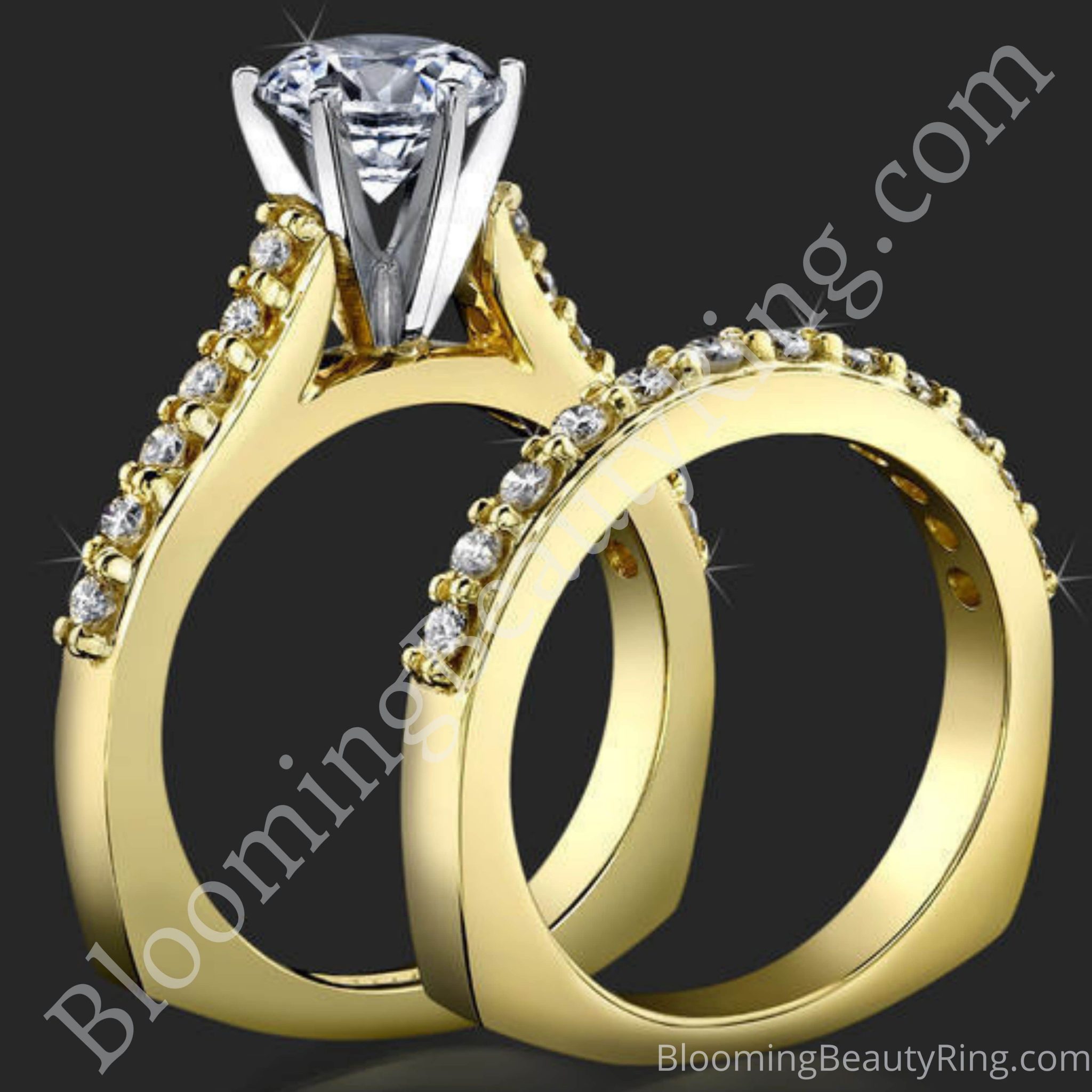 Raised Step Prong Round Diamond Engagement Ring Set with Flat Rounded ...